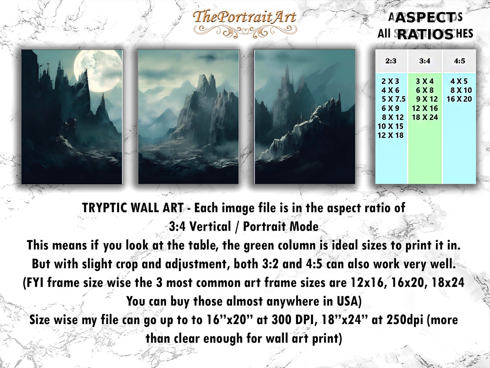 Moon Over Mountain, Dramatic Scenery, Triptych Wall Art, Digital ...