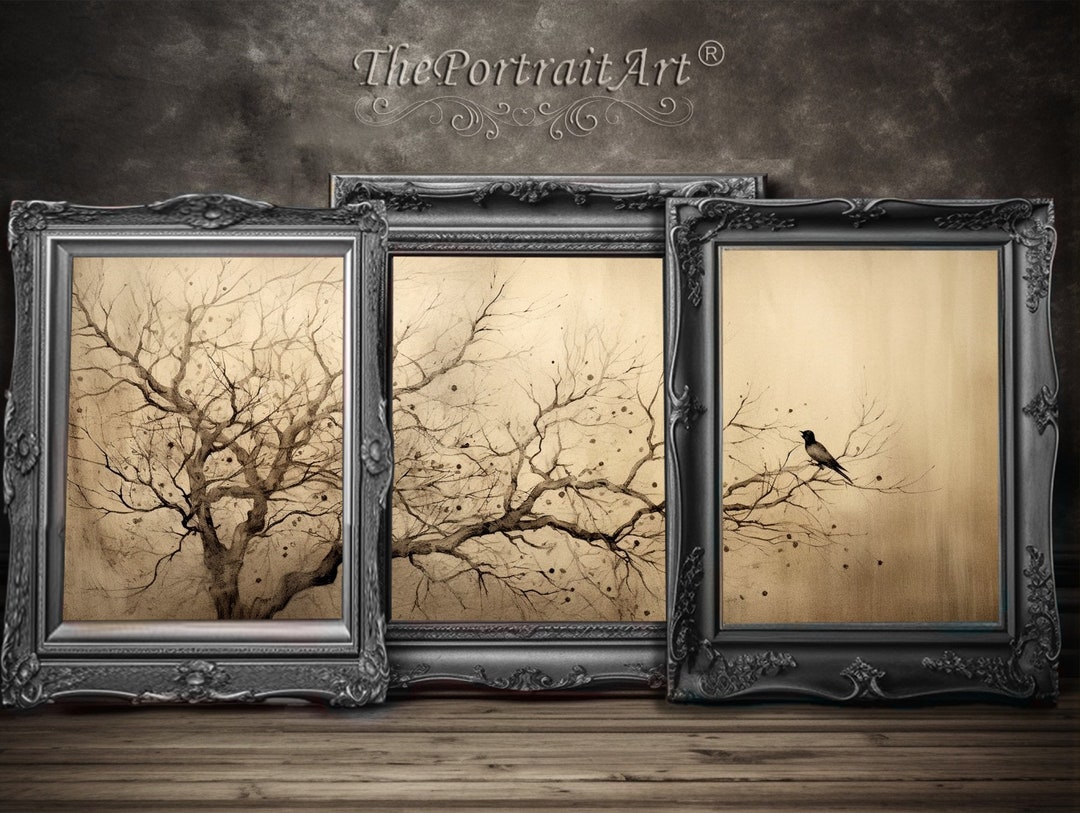 Triptych Vintage Tree Bird Art, Sepia Tone Ink Drawings, Infinity Nets ...