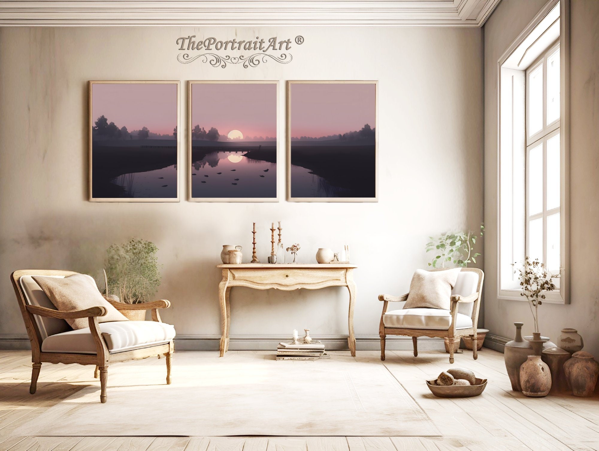 Lake and Woods at Sunset, Triptych Wall Art, Instant Digital Download ...