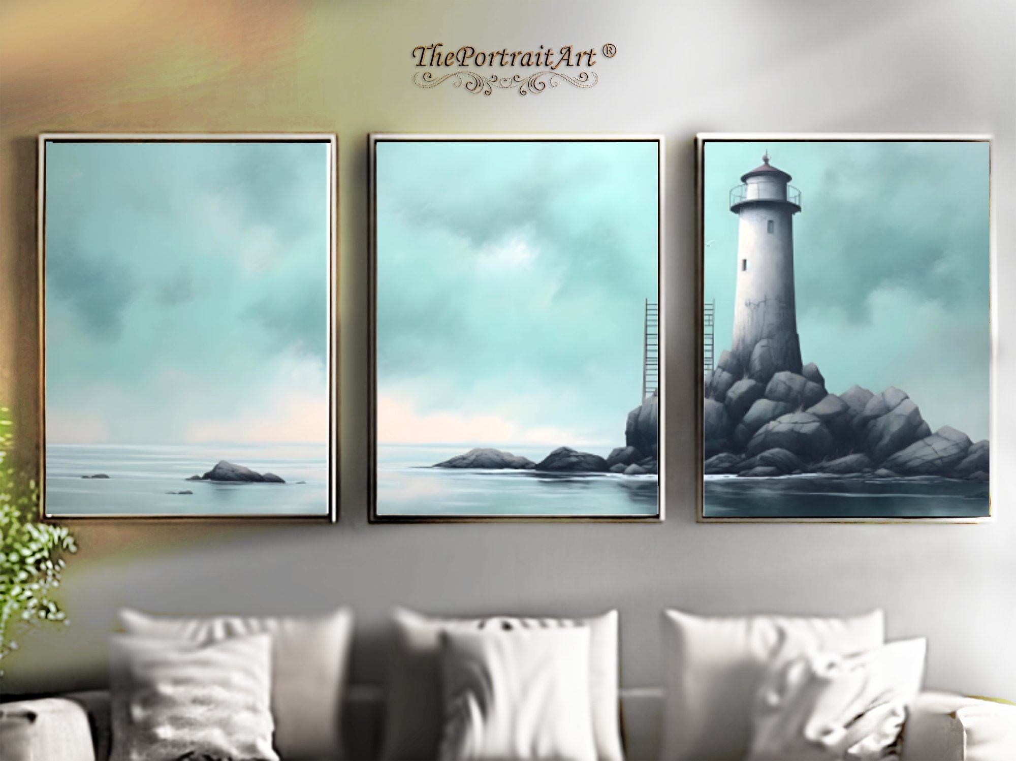 Triptych Wall Art, Light House Painting, Abstract Minimalism, Digital ...