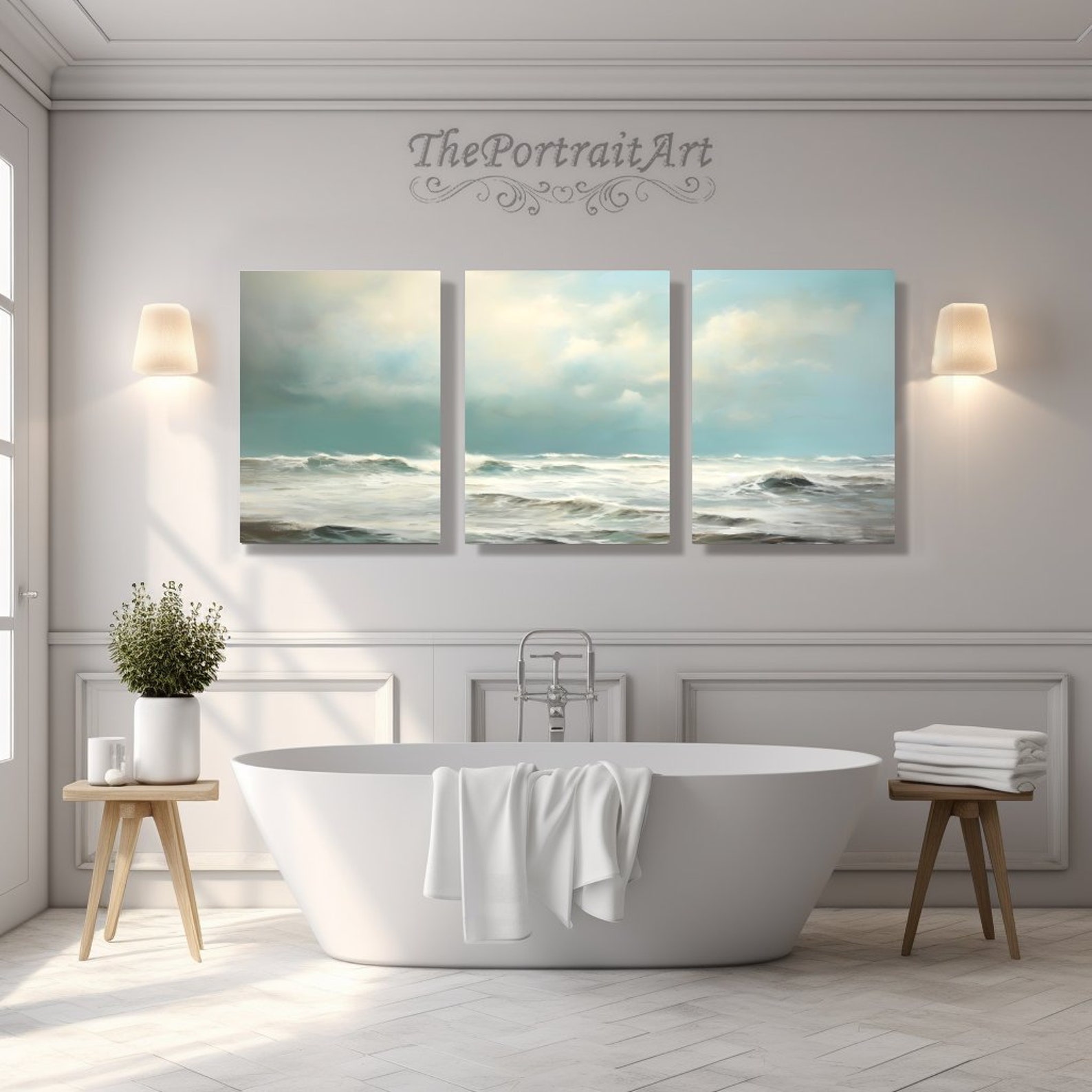 Triptych Wall Art, Tryptic Decor, Calm Seascape Oil Painting, Ocean ...