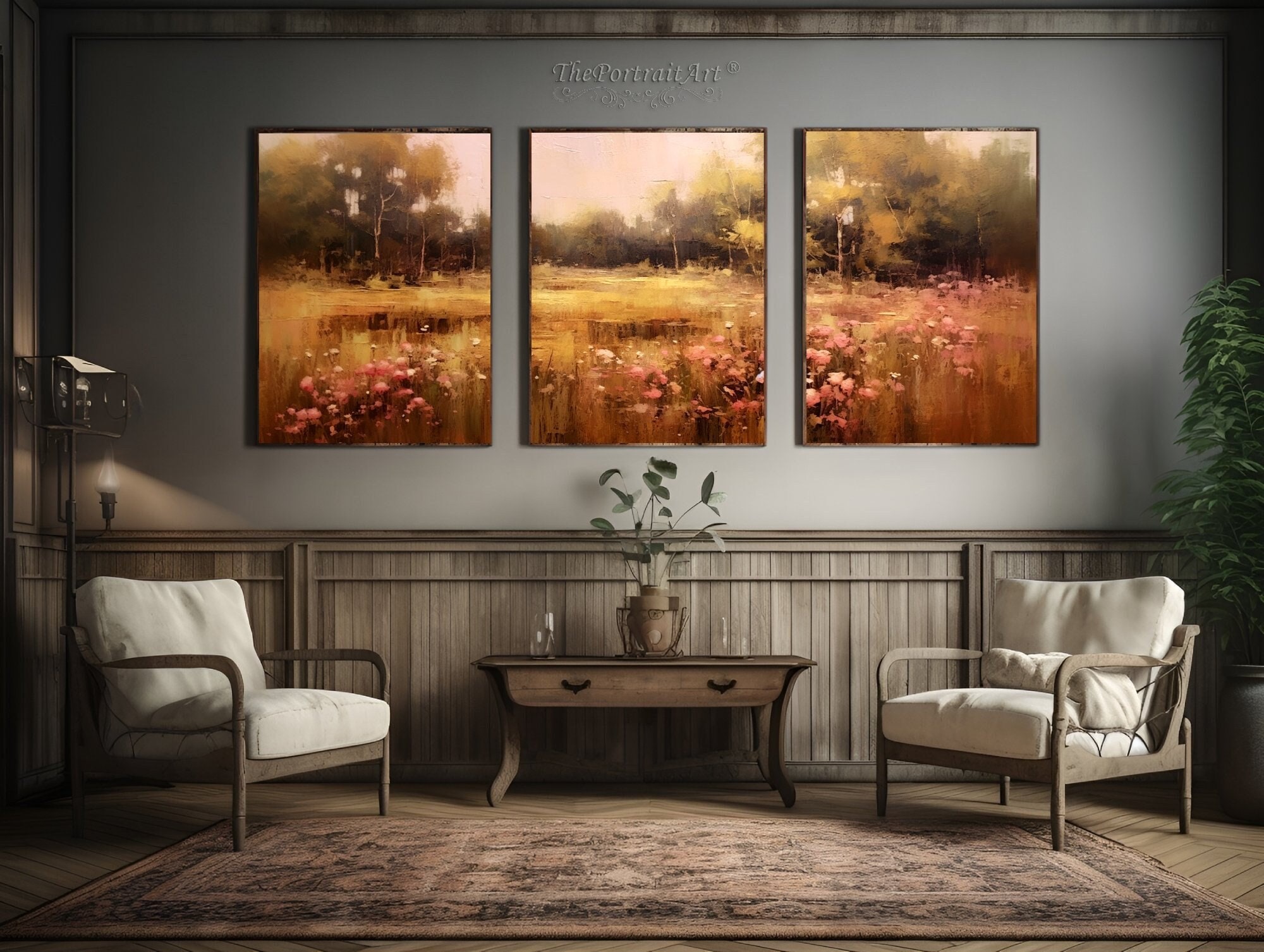 Tryptic Wall Art, Vintage Pink Flowers Forest Triptych, Flower Wall Art ...
