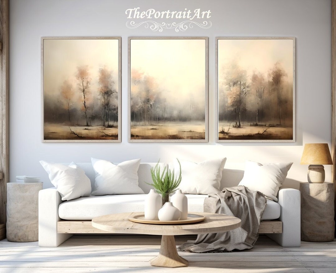 Foggy Minimalistic Tree Landscape, Tryptic Wall Art, Triptych Home ...