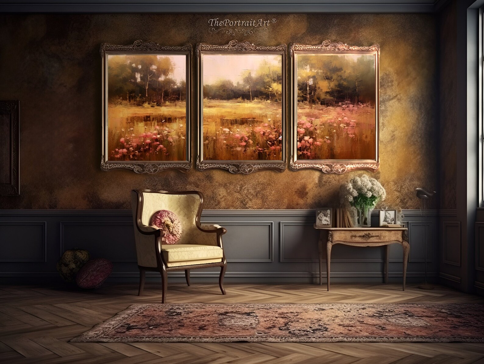 Tryptic Wall Art, Vintage Pink Flowers Forest Triptych, Flower Wall Art ...