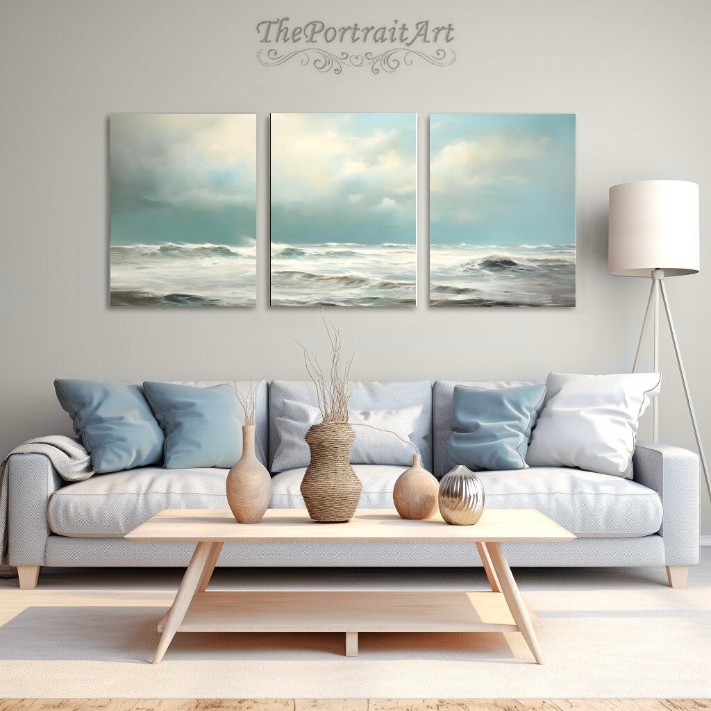 Triptych Wall Art, Tryptic Decor, Calm Seascape Oil Painting, Ocean ...