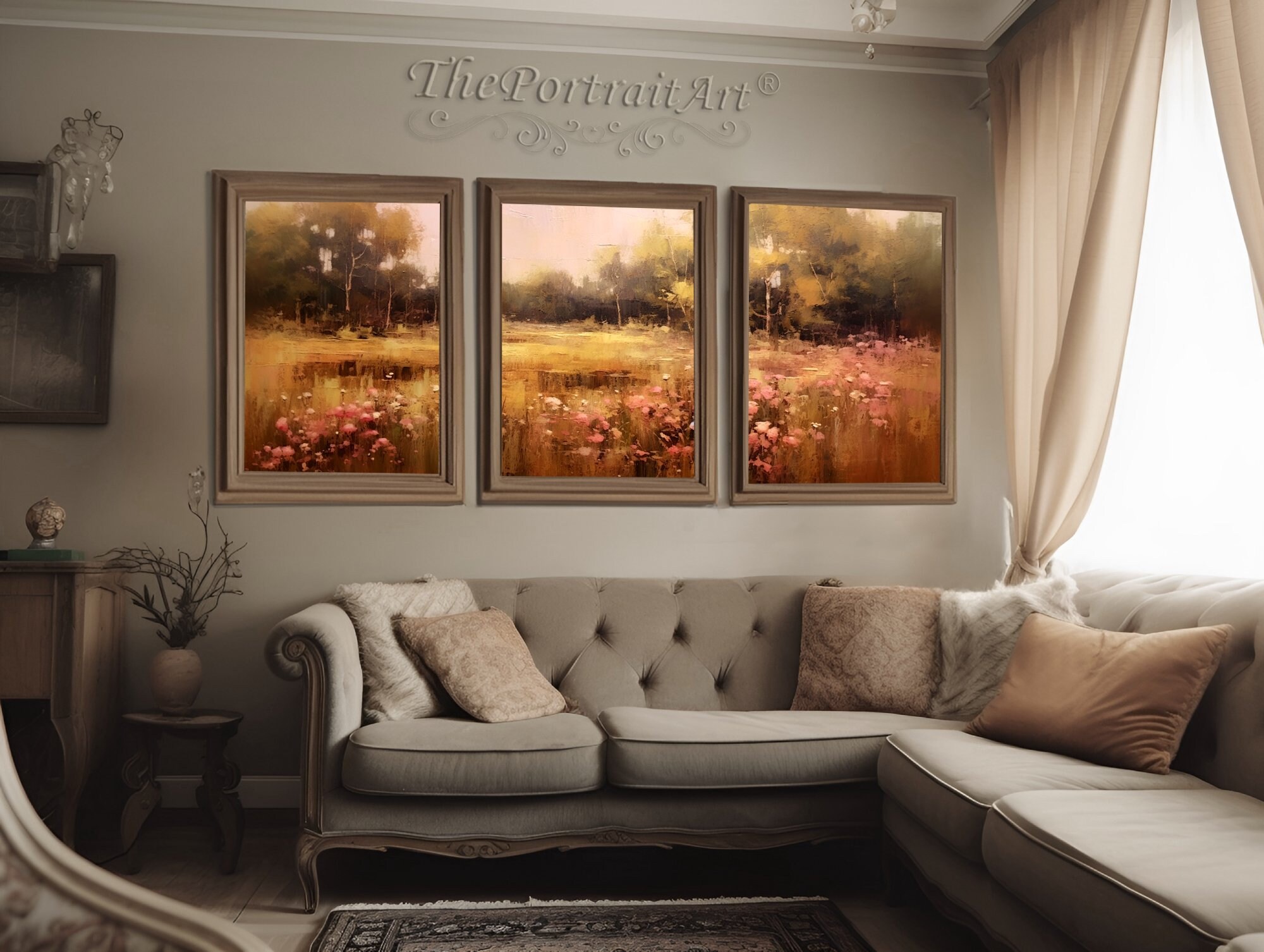 Tryptic Wall Art, Vintage Pink Flowers Forest Triptych, Flower Wall Art ...