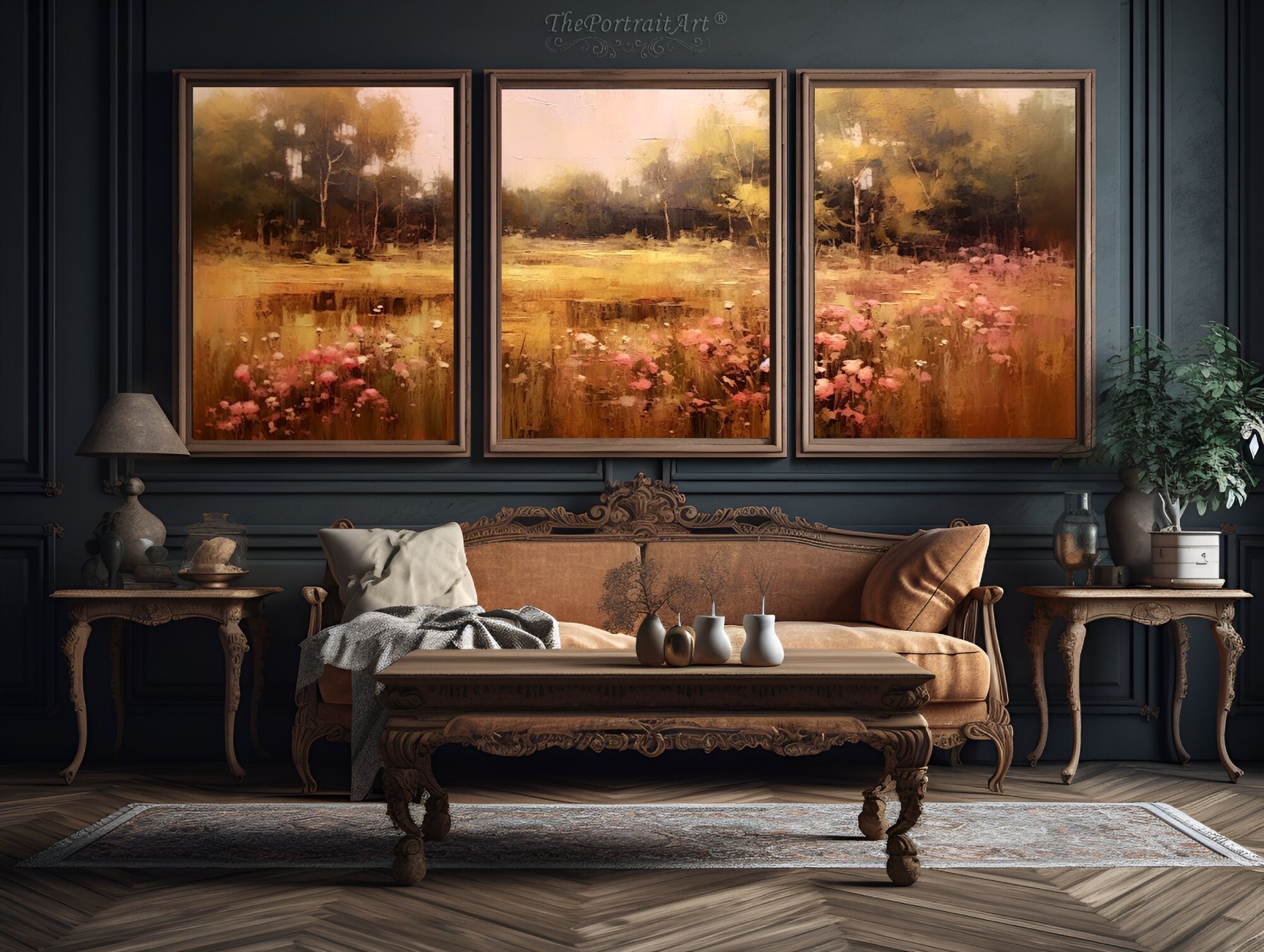 Tryptic Wall Art, Vintage Pink Flowers Forest Triptych, Flower Wall Art ...