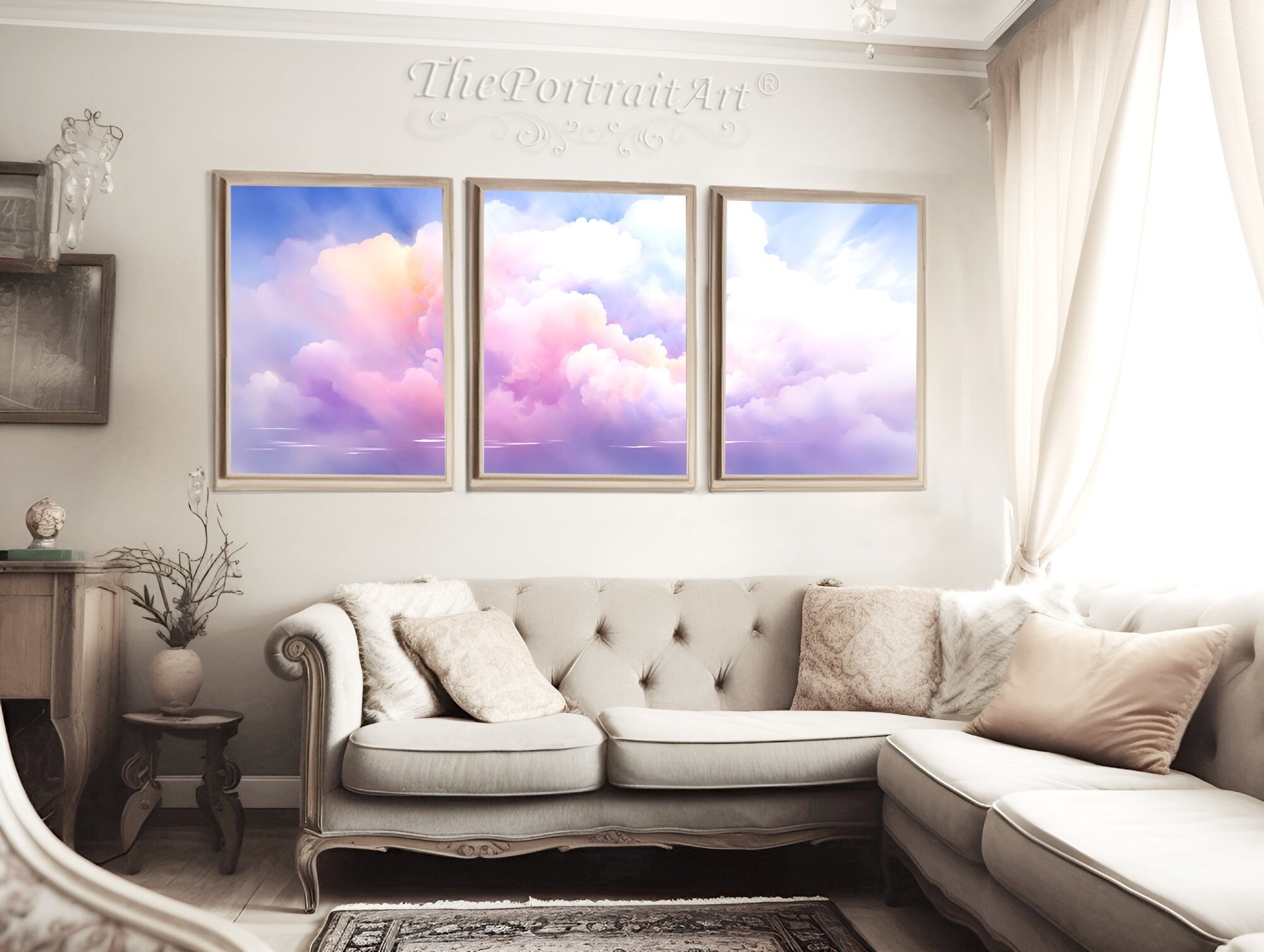 Purple Heavenly Clouds and Sky Triptych Art, Tryptic Wall Decor ...