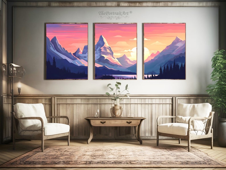 Triptych Wall Art, Sunrise Mountain Landscape, Minimalist Painting ...