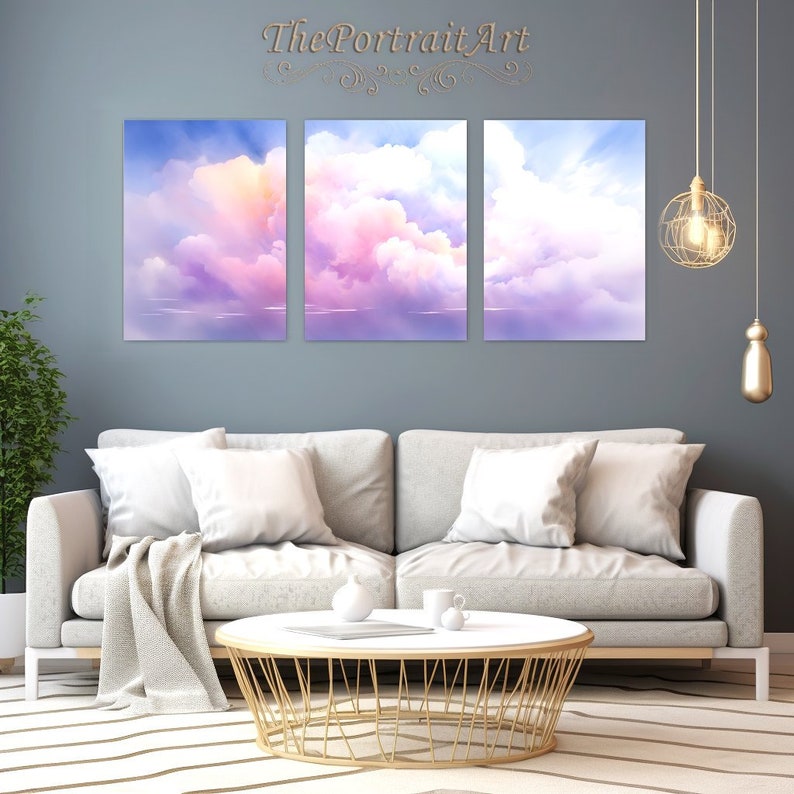 Purple Heavenly Clouds and Sky Triptych Art, Tryptic Wall Decor ...