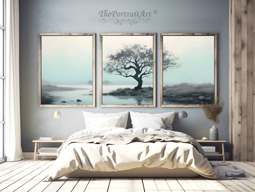 Triptych Wall Decor, Tree Pond Land, Modern Minimalistic Art, Digital ...