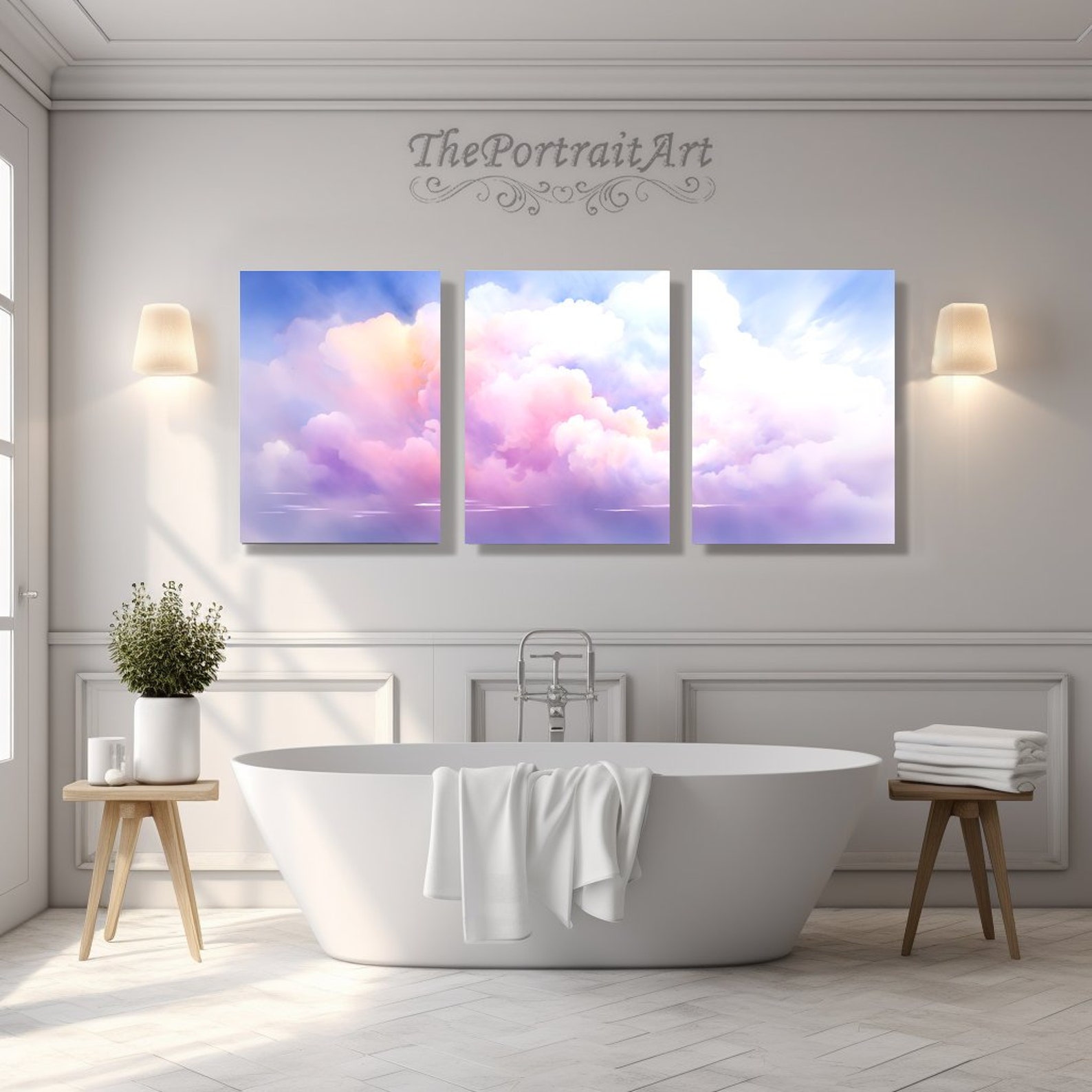 Purple Heavenly Clouds and Sky Triptych Art, Tryptic Wall Decor ...