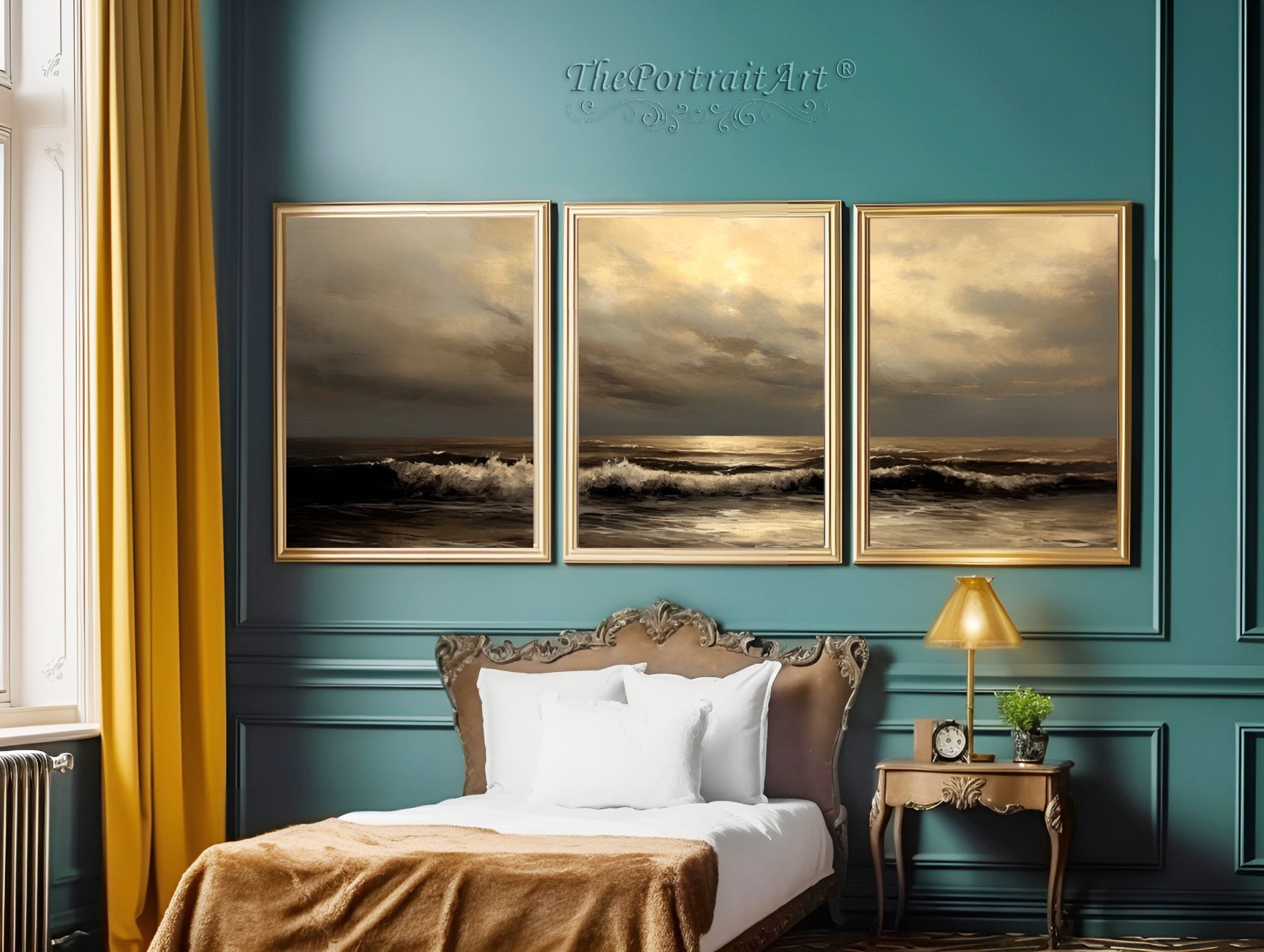 Tryptic Wall Art, Vintage Ocean Waves Nighttime Seascape, Sepia Tone ...