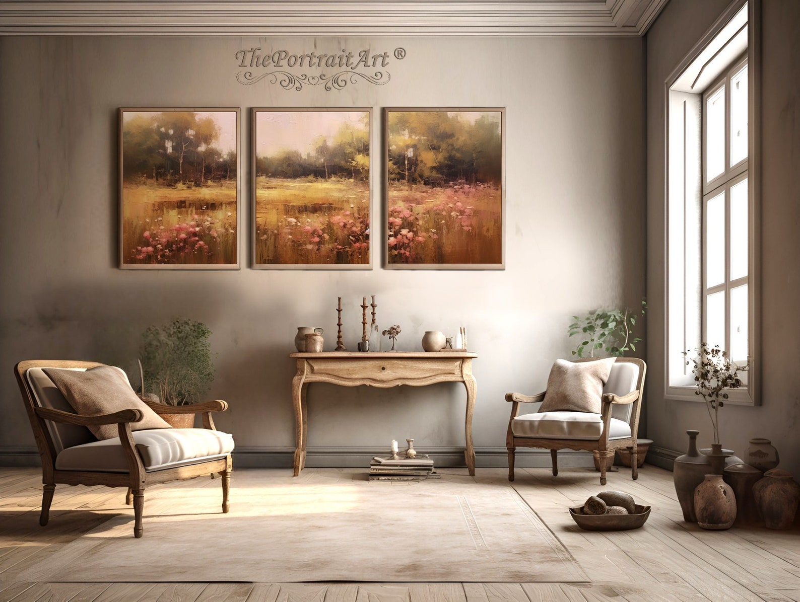 Tryptic Wall Art, Vintage Pink Flowers Forest Triptych, Flower Wall Art ...