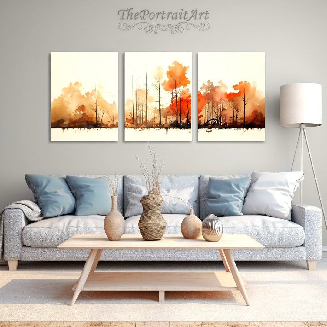 Triptych Wall Art, Tryptic Decor, Abstract Minimalism, Autumn Forest ...
