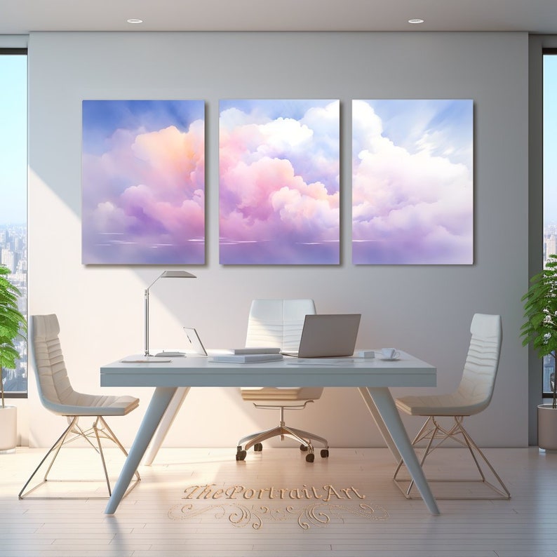 Purple Heavenly Clouds and Sky Triptych Art, Tryptic Wall Decor ...