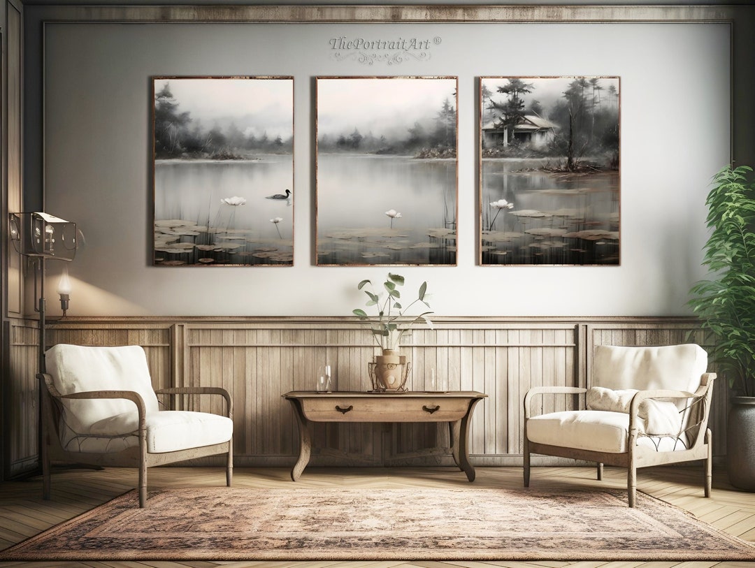 Lake and Forest Landscape, Vintage Painting, Triptych Wall Art, Tryptic ...