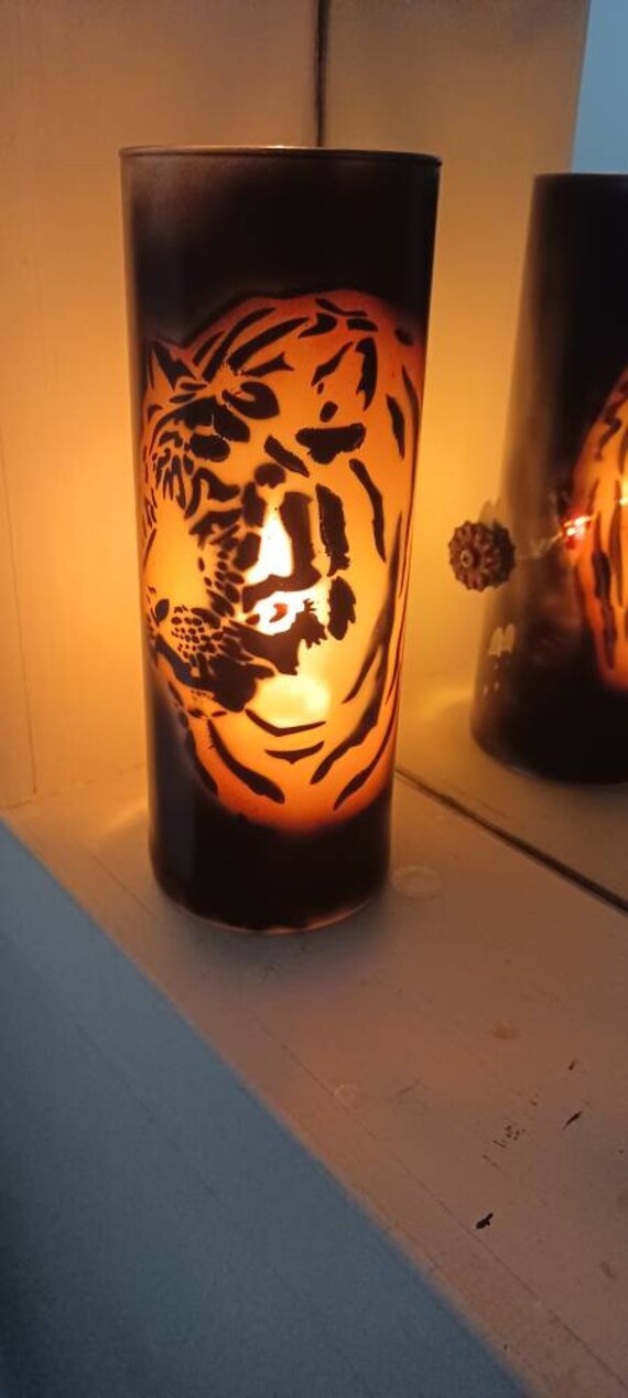 Tiger Hand Painted Candle Holders in Cylinder Glass 9 | Etsy