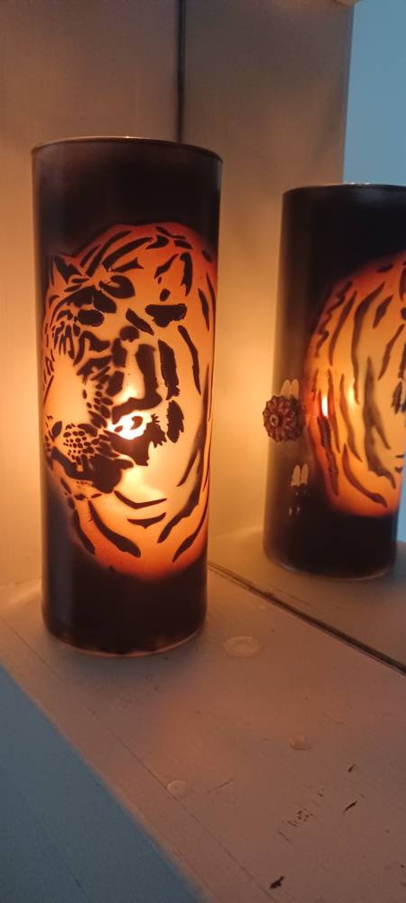 Tiger Hand Painted Candle Holders in Cylinder Glass 9 | Etsy