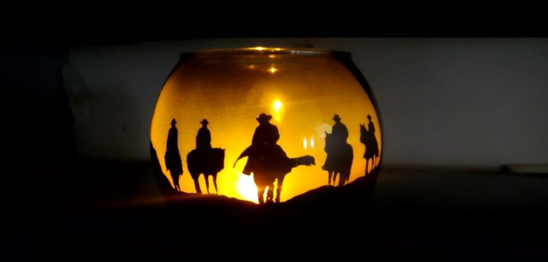 Group of Cowboys ,horses, Sunset, Hand Painted Candle Holder Sunset ...