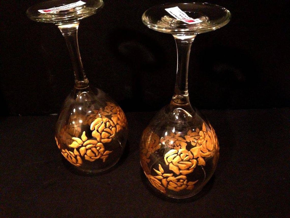Unique Gold Rose Flower Set of 2 Hand Paint Wine Glass | Etsy