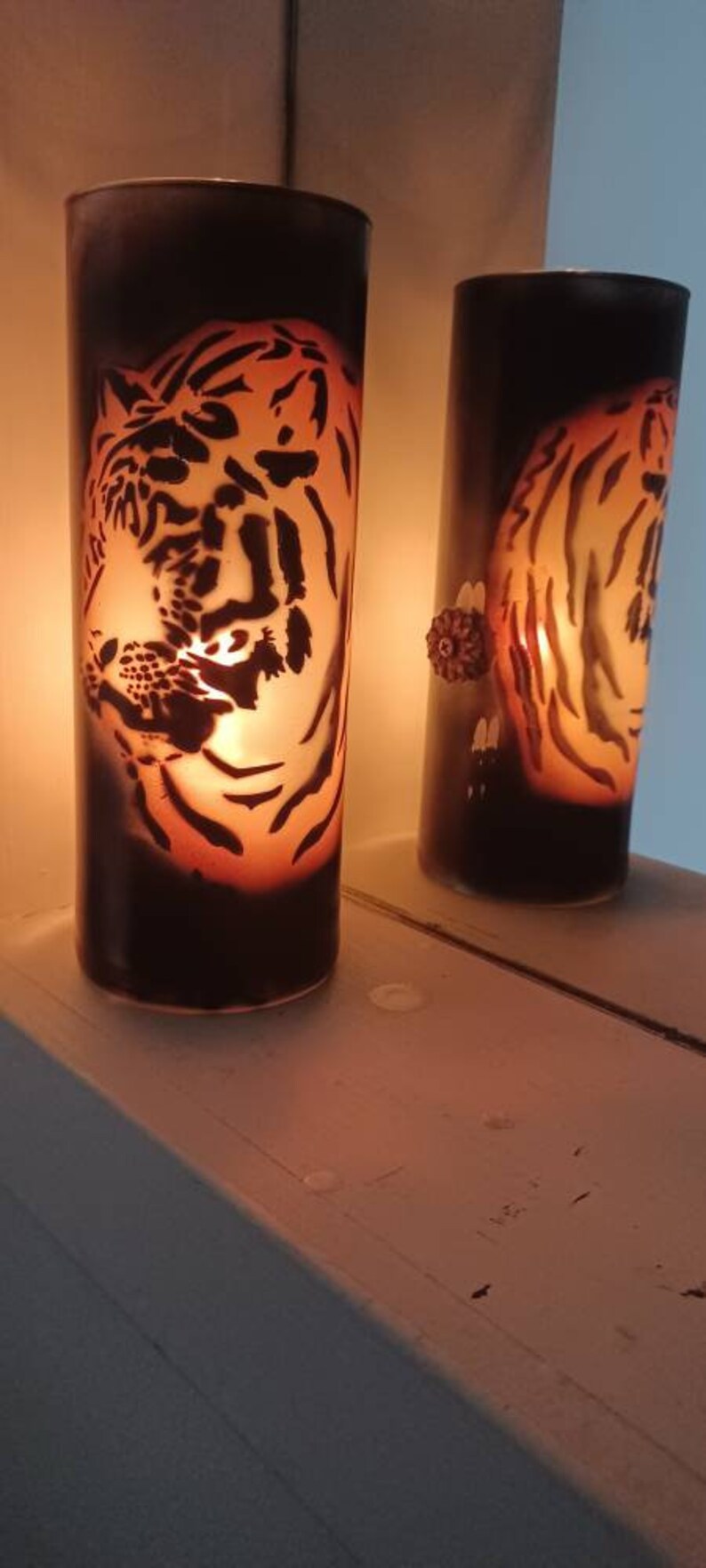 Tiger Hand Painted Candle Holders in Cylinder Glass 9 | Etsy