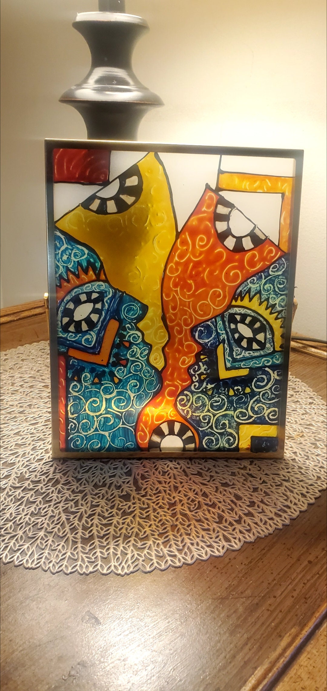 Lover Mask Man and Woman Face Hand Painted in Glass Standing Frame ...