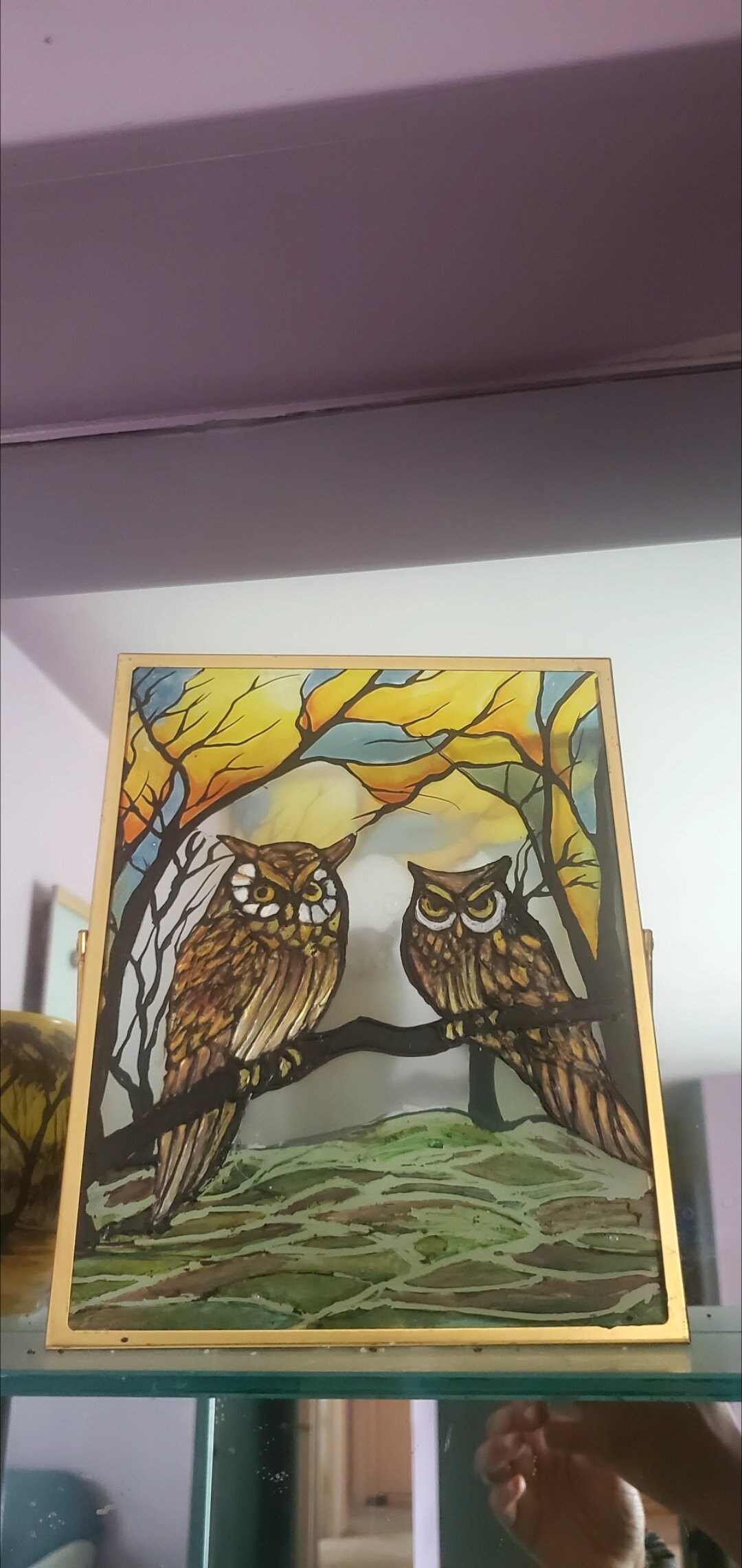 Lover Tow Owl Hand Painted in Glass Standing Frame Stain Glass Colors ...