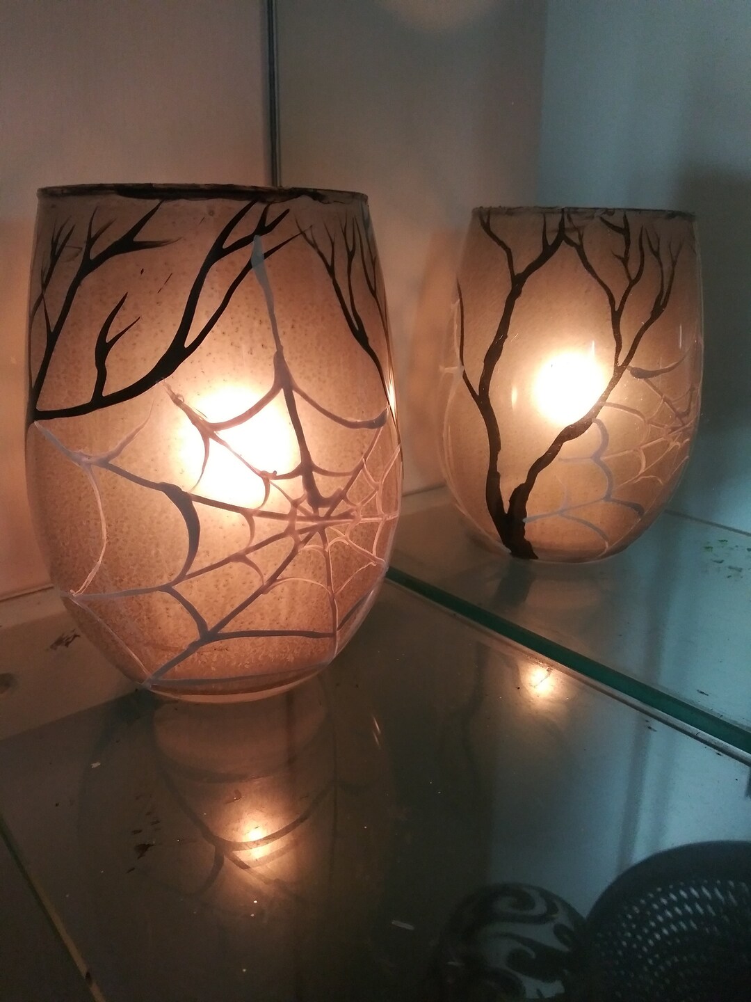 Spider Web and Trees Black Candle Holder Hand Painted in Glass - Etsy