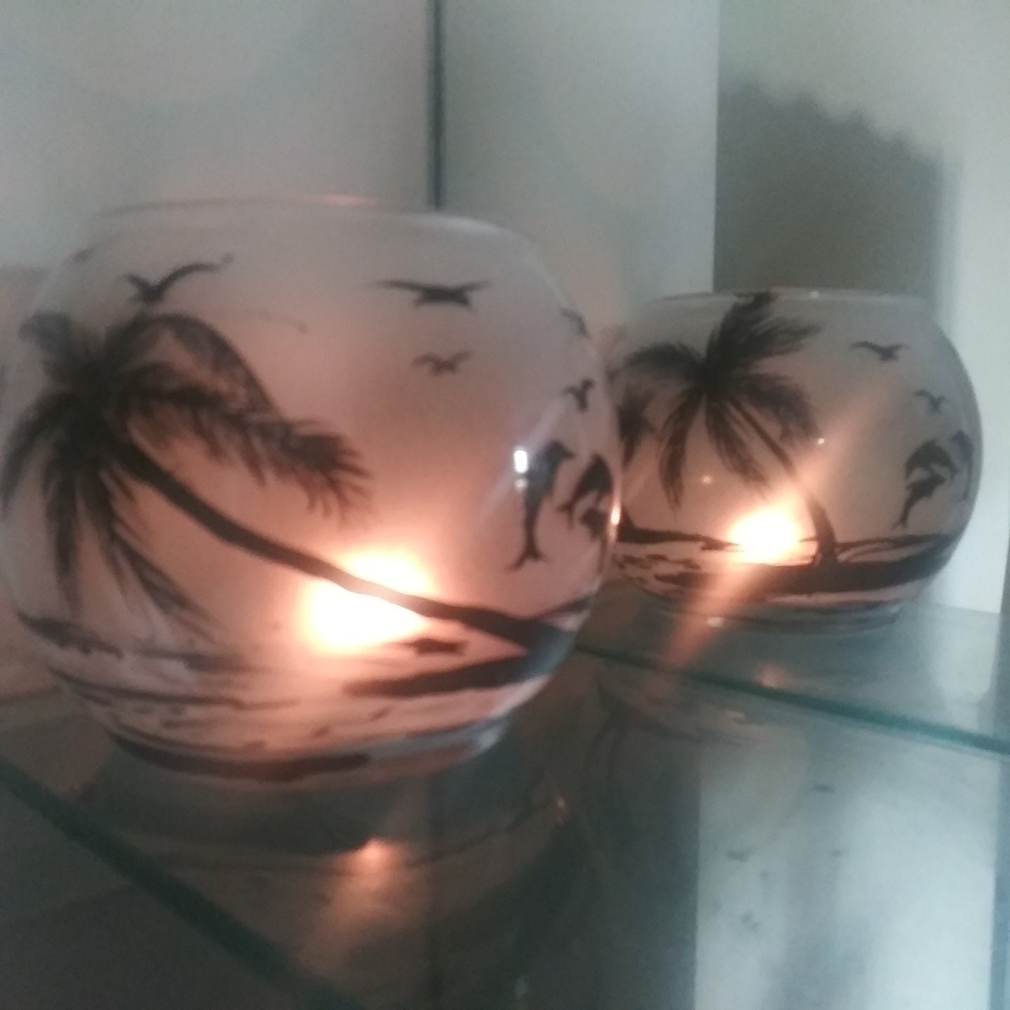 Hand Painted Dolphin Candle Holder: Frosted Blue Glass, Beach Decor - Etsy