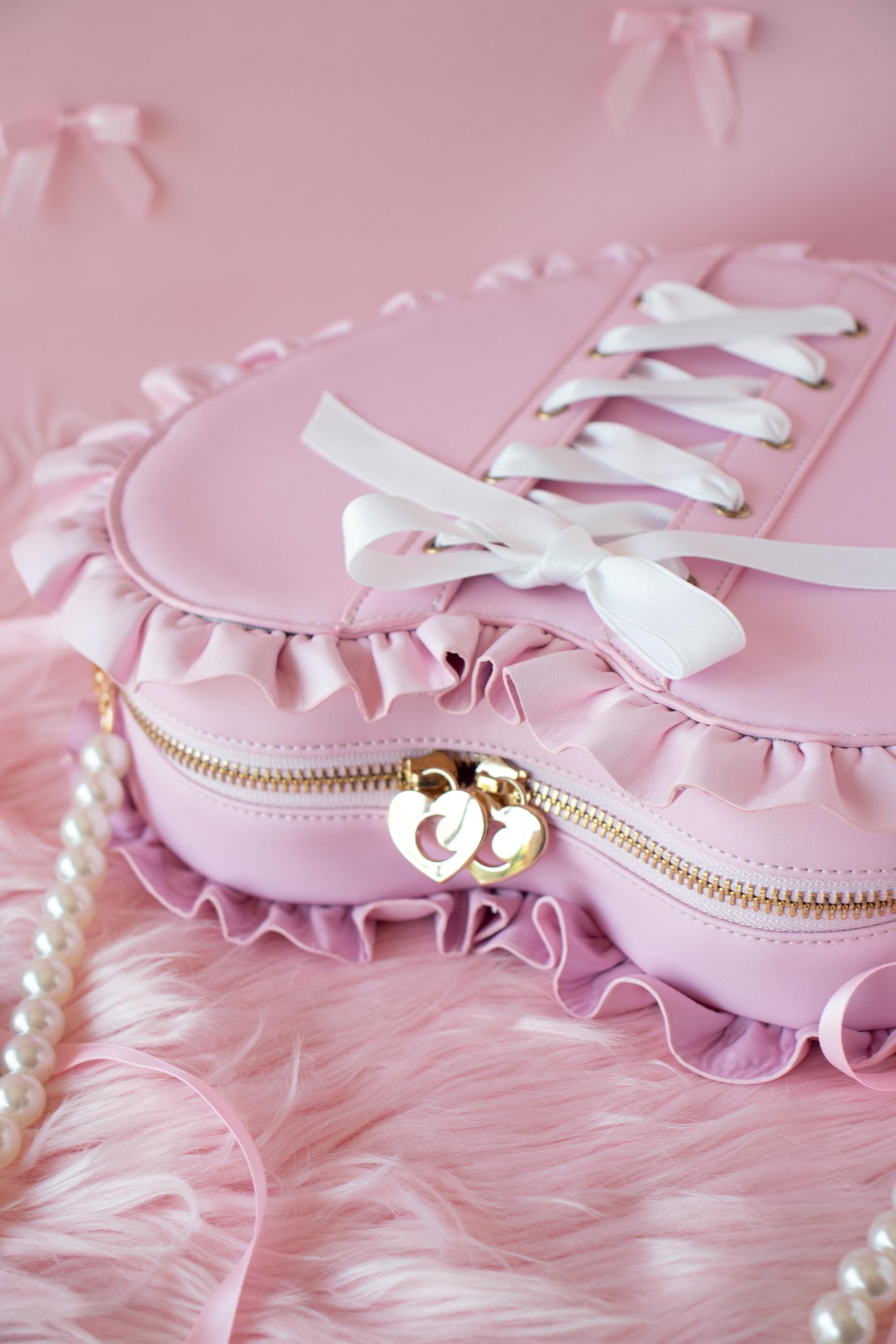 Pink Dahl Bag, Ribbon Bow Lace up Detail in Coquette and Kawaii Style ...