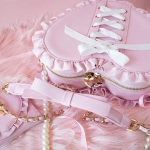 Pink Dahl Bag, Ribbon Bow Lace up Detail in Coquette and Kawaii Style ...