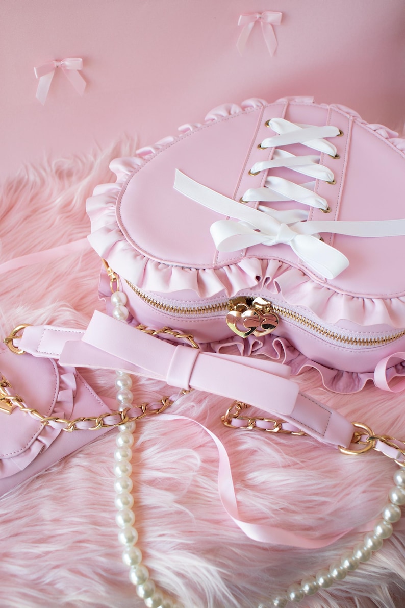 Pink Dahl Bag, Ribbon Bow Lace up Detail in Coquette and Kawaii Style ...