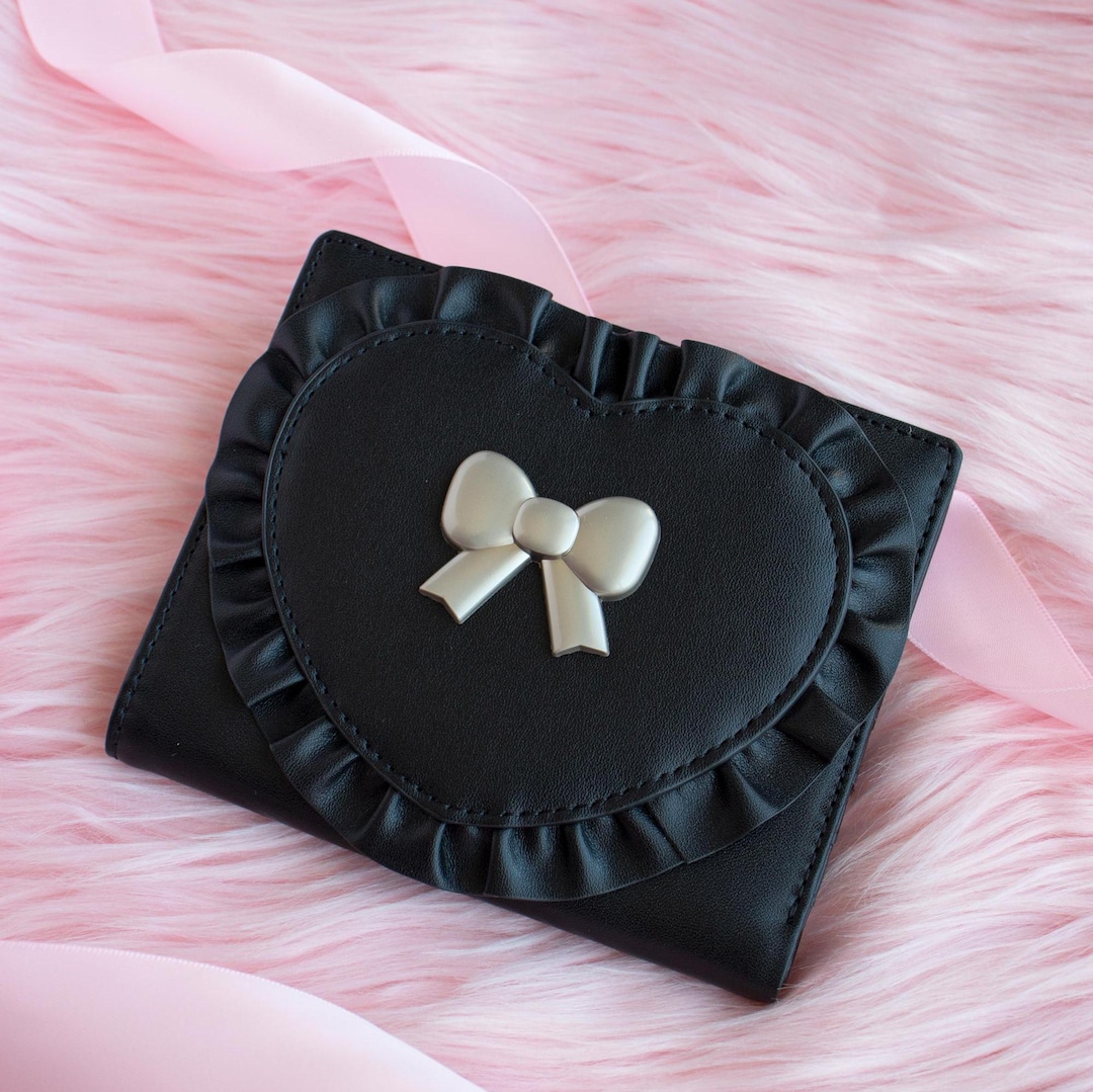 Black Dahl Heart Wallet With Ruffles and Custom Bow Hardware ...