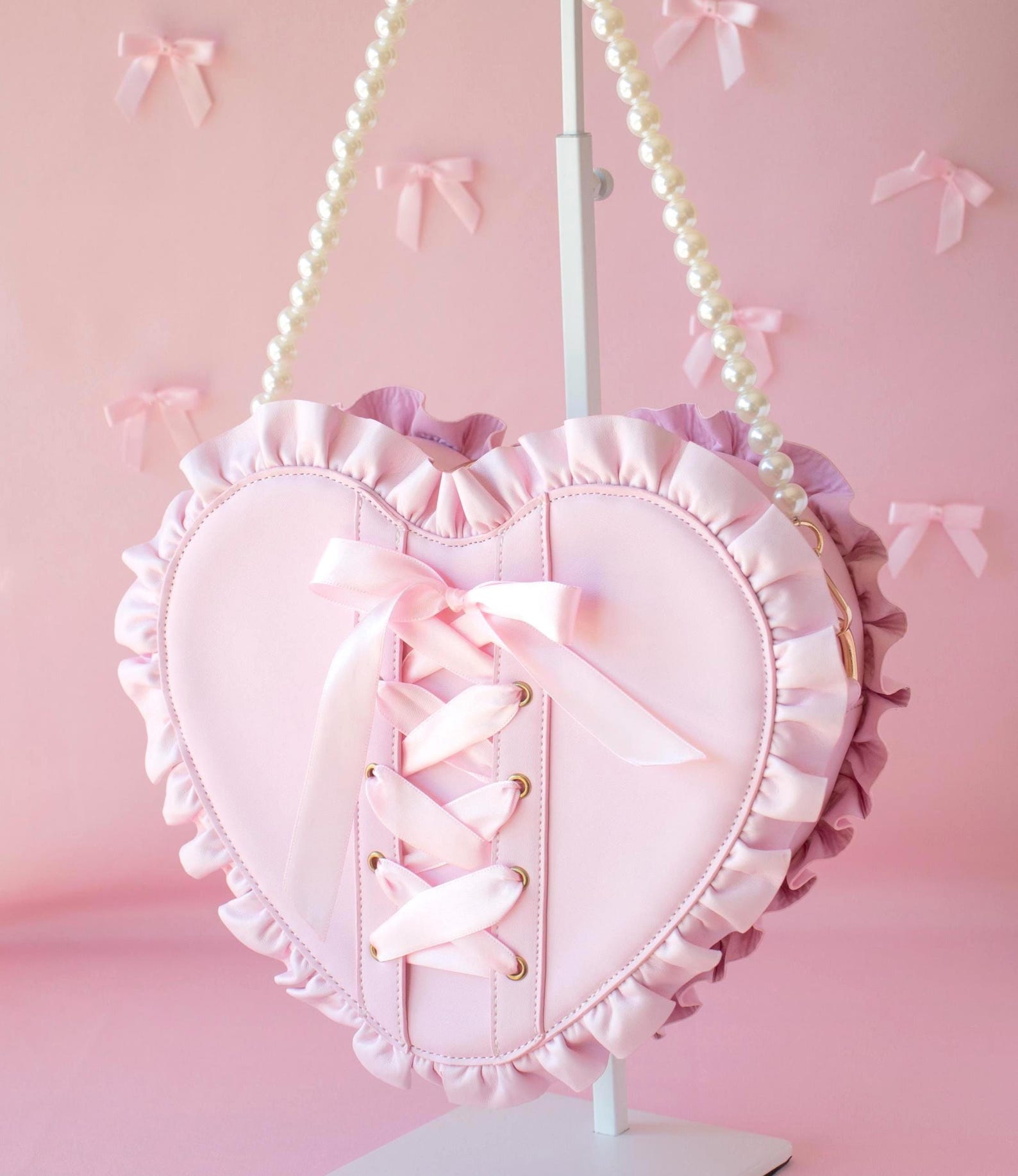 Pink Dahl Bag, Ribbon Bow Lace up Detail in Coquette and Kawaii Style ...