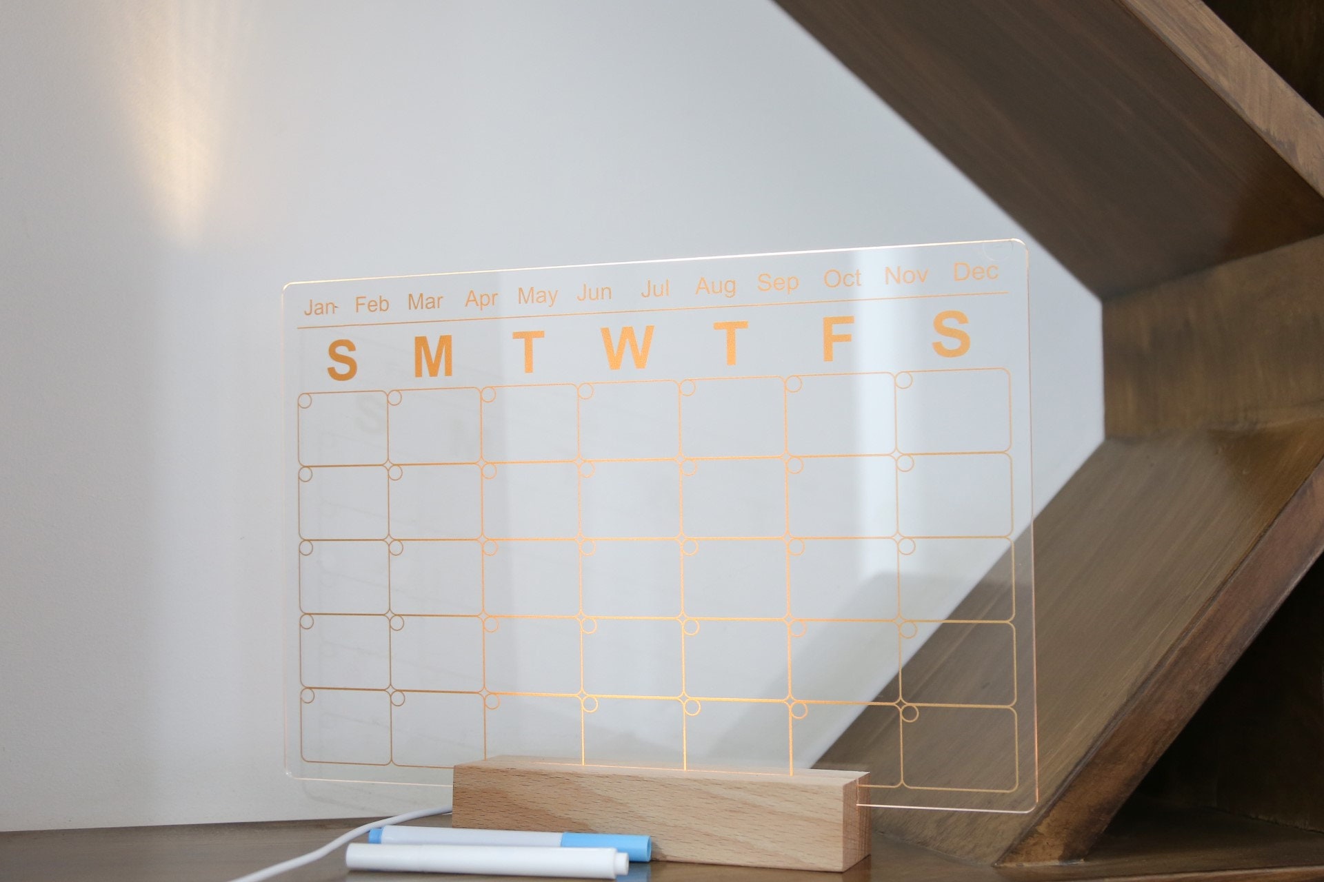 Acrylic Dry Erase Monthly Calendar Whiteboard With Light up Wood Holder ...