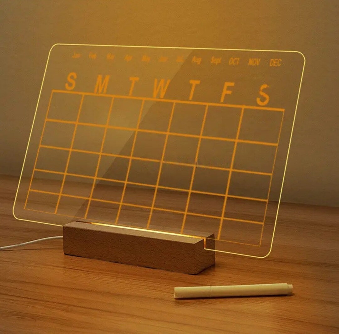 Acrylic Dry Erase Monthly Calendar Whiteboard With Light up Wood Holder ...