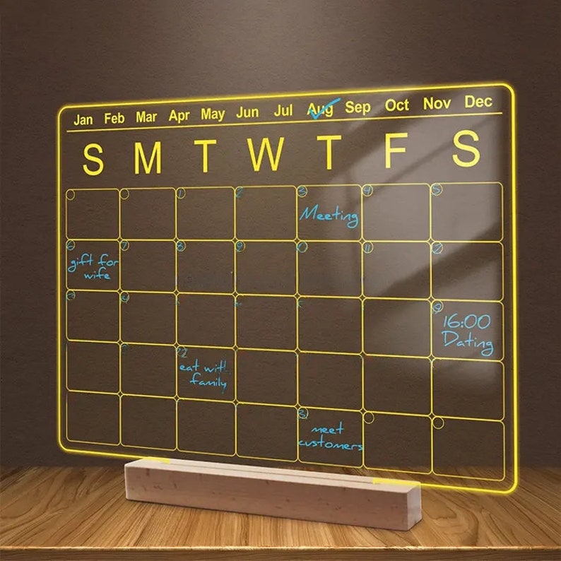 Acrylic Dry Erase Monthly Calendar Whiteboard With Light up Wood Holder ...