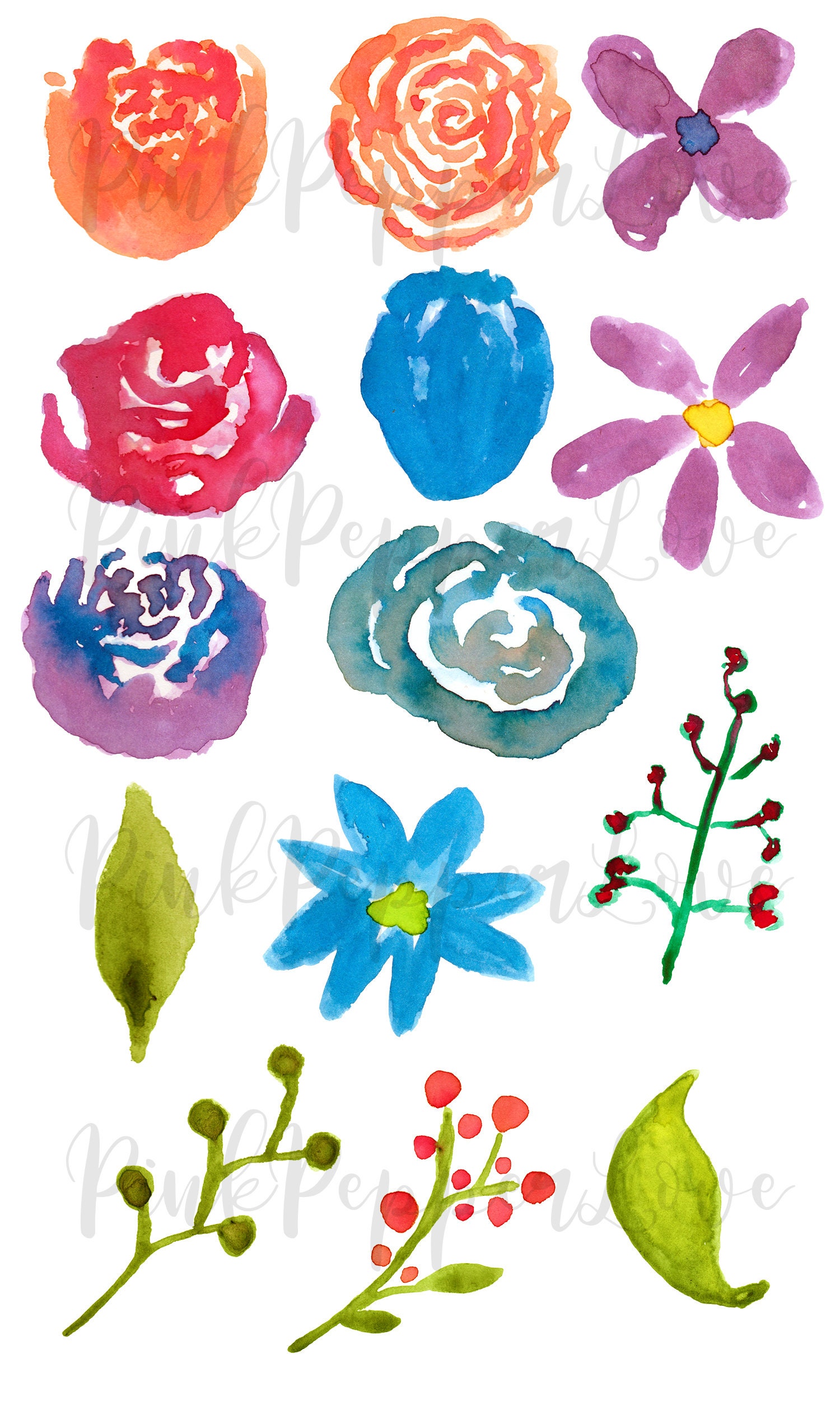 Spring Flowers, Watercolor Clipart, Branches and Leaves, Floral ...