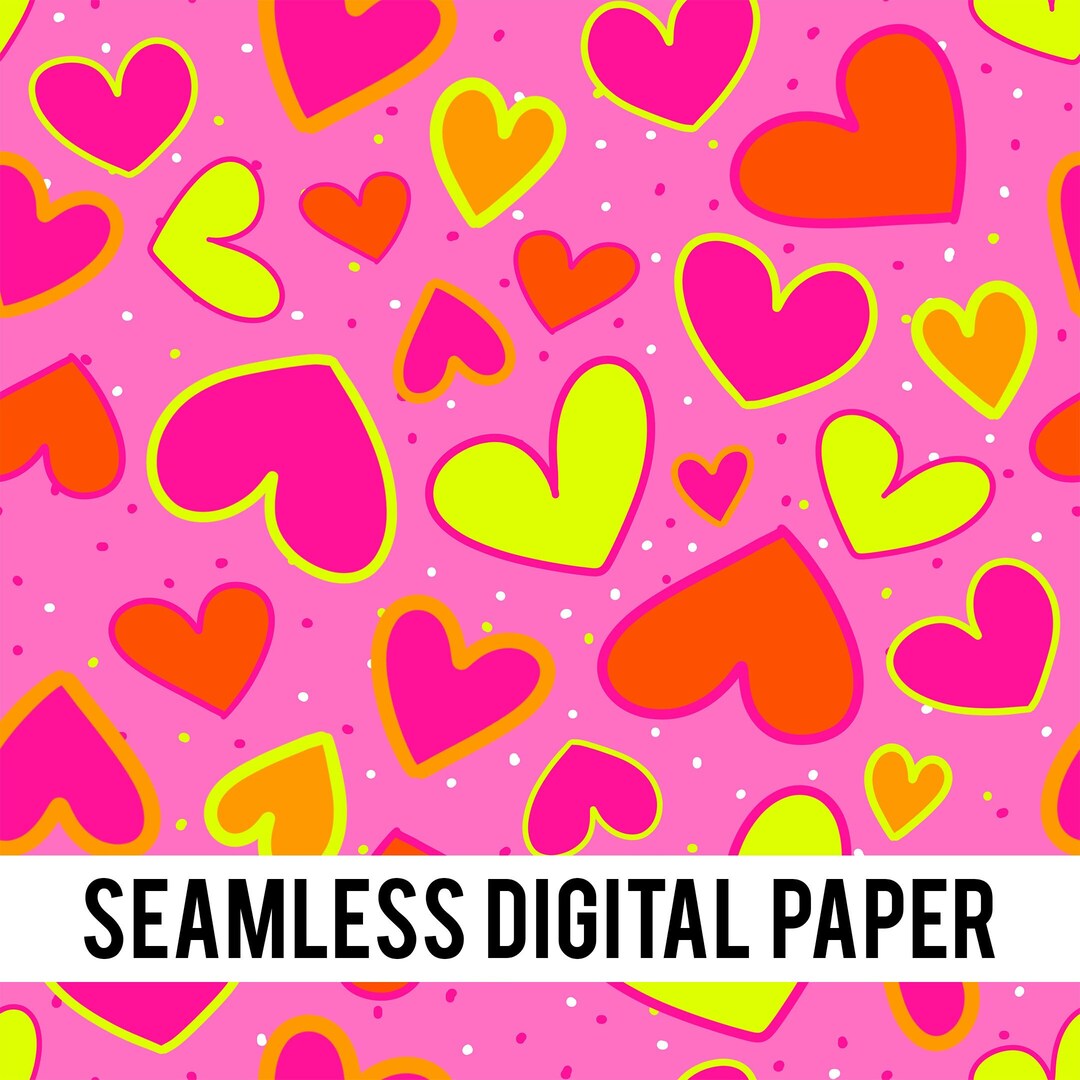 Hearts Digital Paper, Neon Pink Digital Paper, Scrapbook, Hearts ...