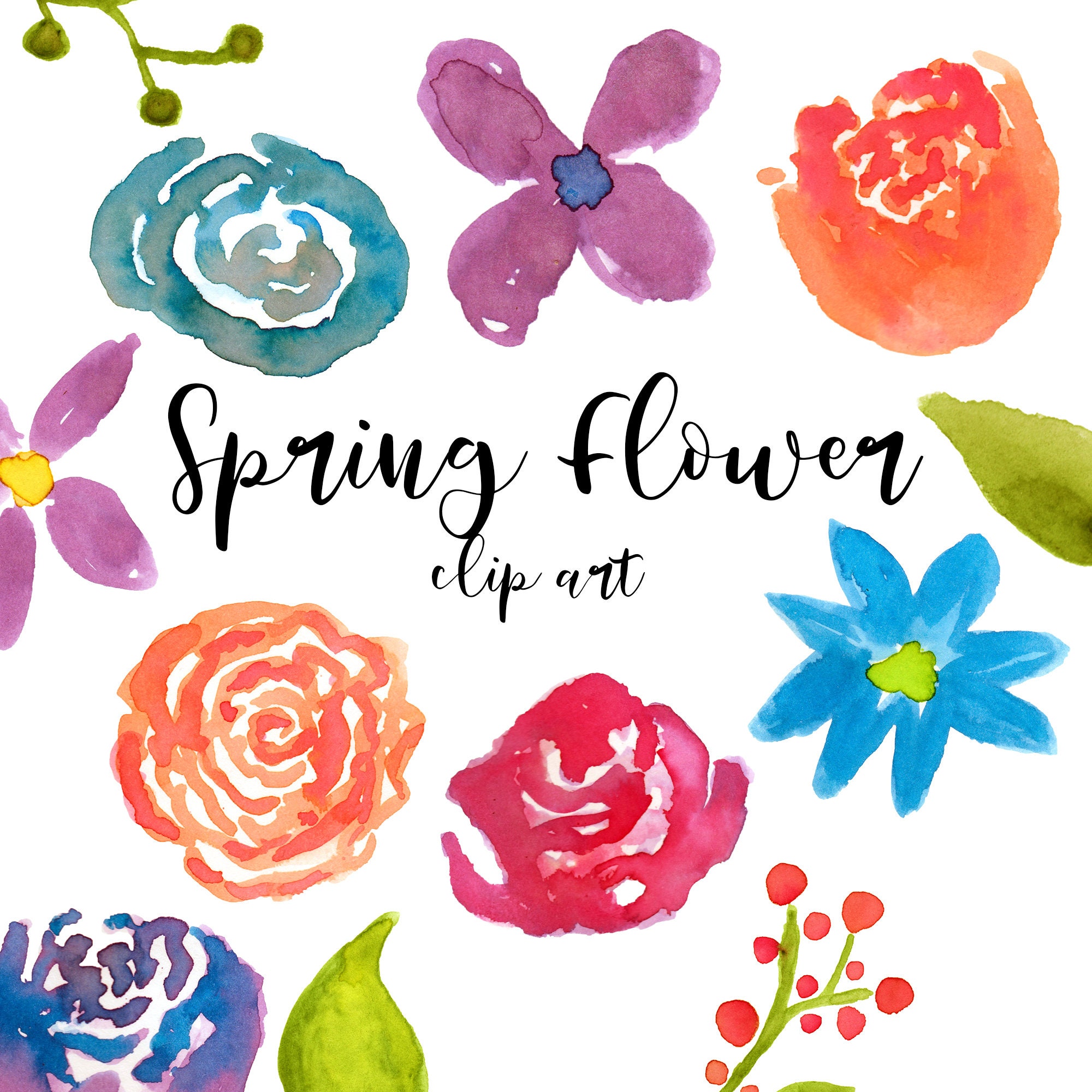 Spring Flowers, Watercolor Clipart, Branches and Leaves, Floral ...