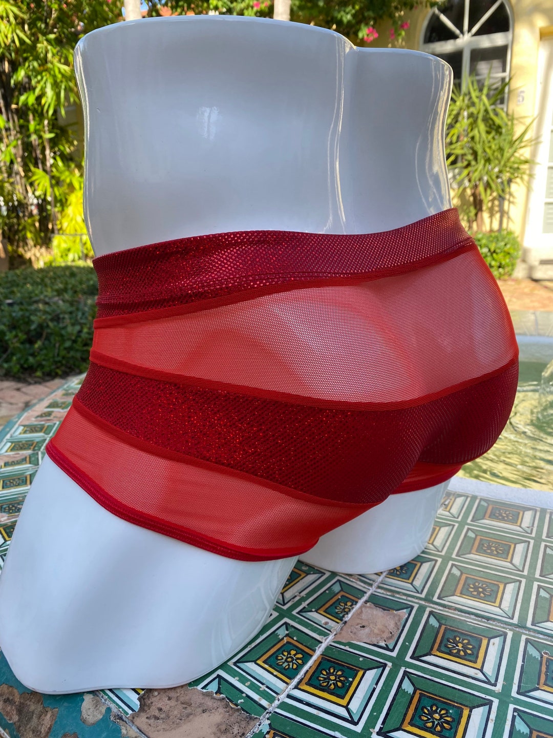Men’s Hologram Red and Red Mesh Trunks, Burning Man, Mens Pole Dance ...