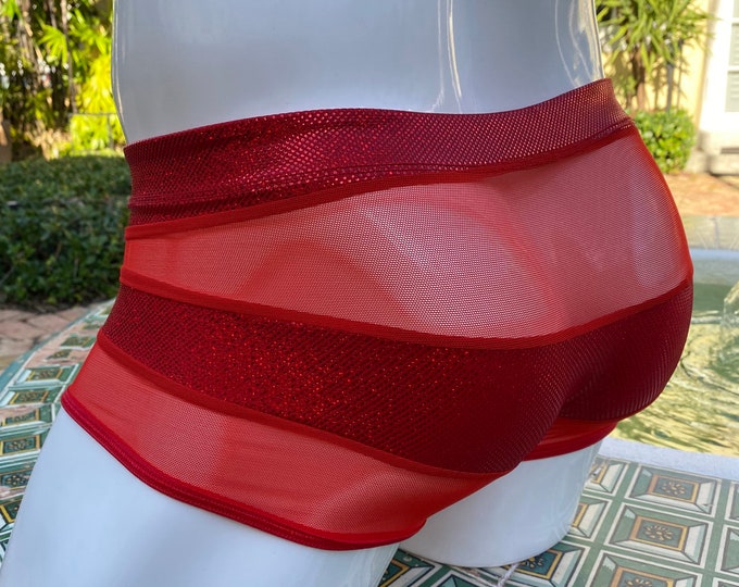 Mens Hologram Red and Red Mesh Trunks, Burning Man, Mens Pole Dance ...