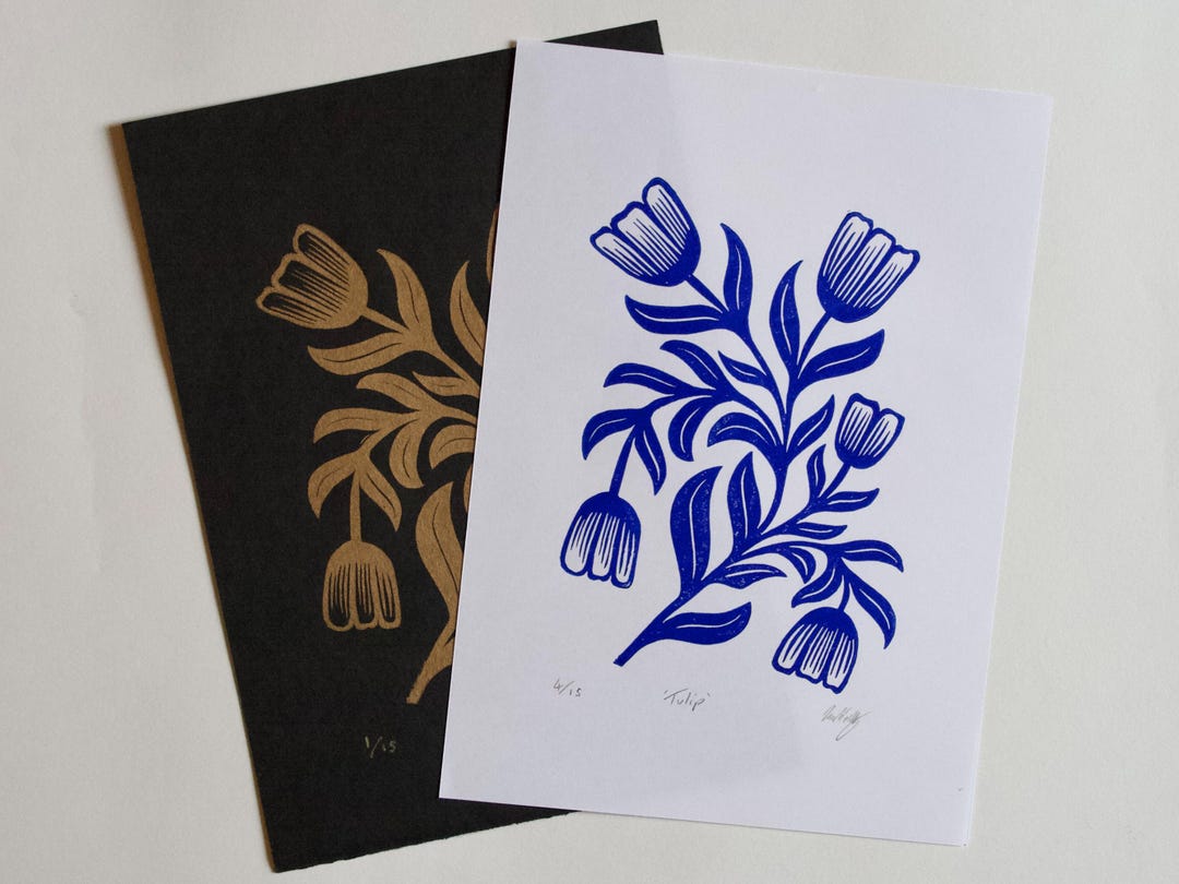 Tulip Linocut Print — Limited Edition of 15 — Blue and Gold A5 Original ...