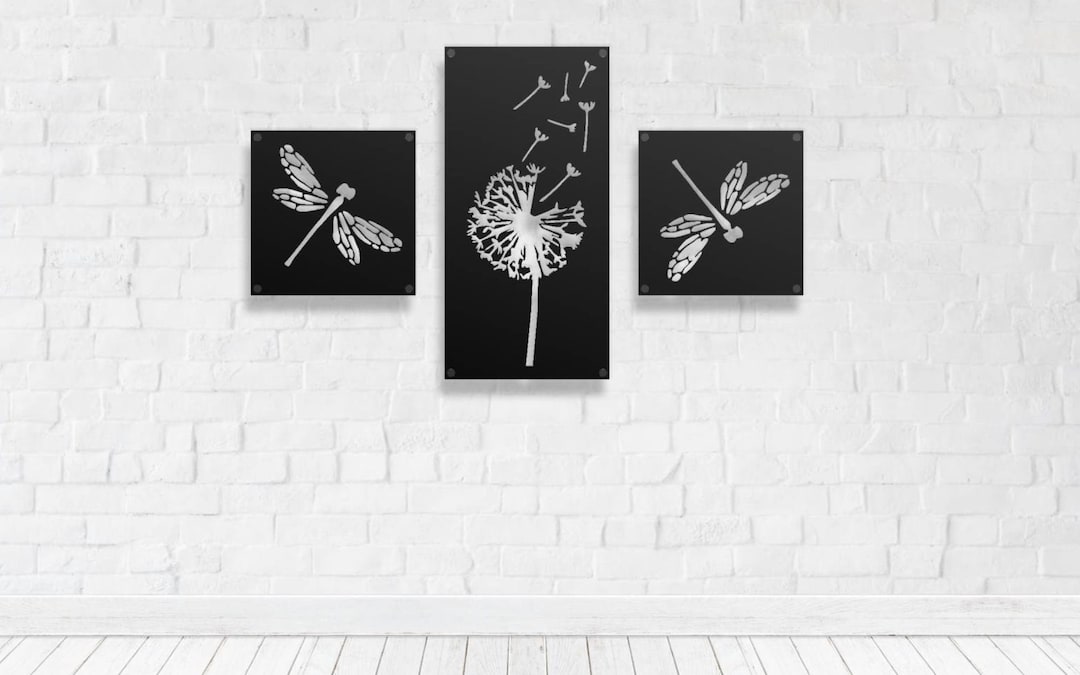 Dragonfly Dandelion Triptych Metal Privacy Panel Set of 3 | Decorative ...