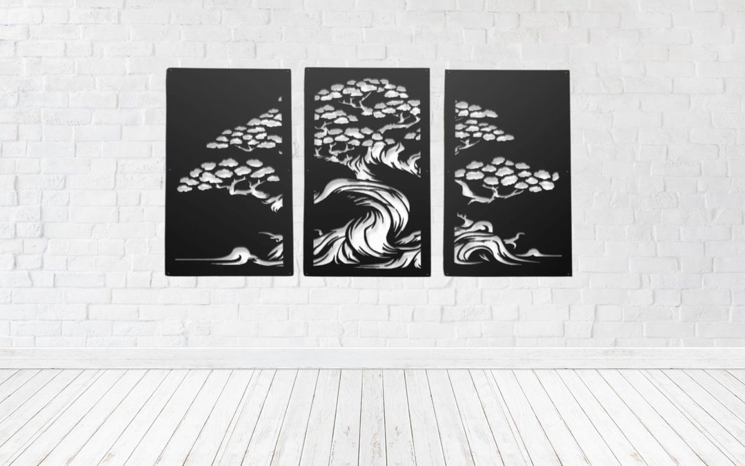 Bonsai Tree Triptych, Privacy Panel, Decorative Screen Set, Outdoor ...