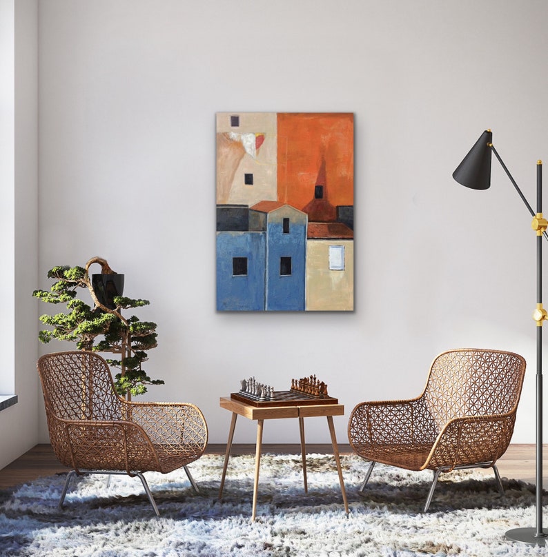 Large Abstract Houses Painting Large Original Wall Art Village - Etsy