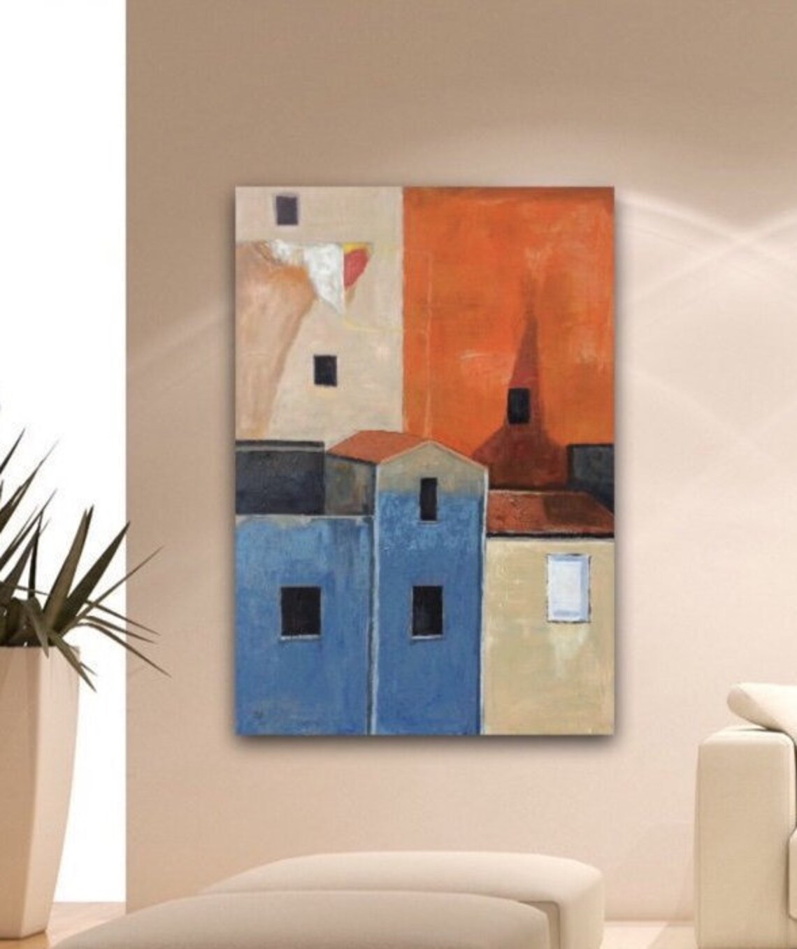 Large Abstract houses painting large original wall art village | Etsy