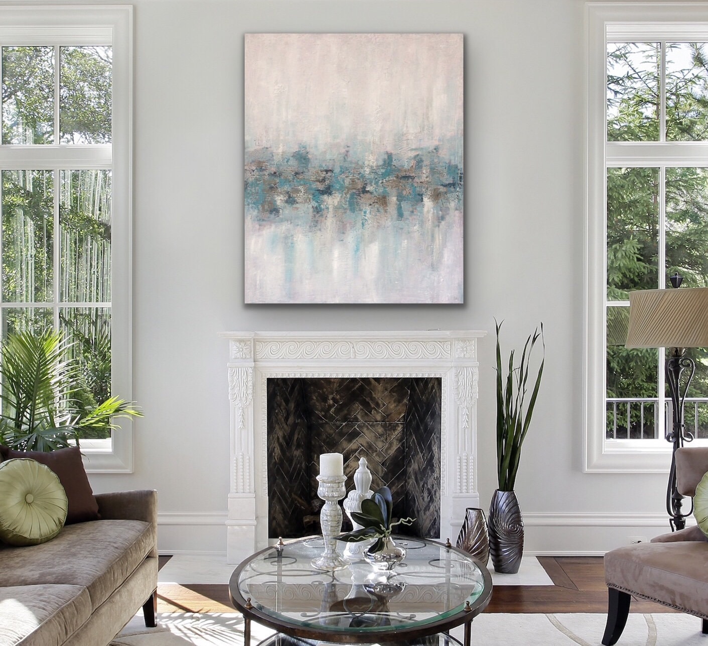 Teal large abstract painting on stretched canvas XL abstract | Etsy