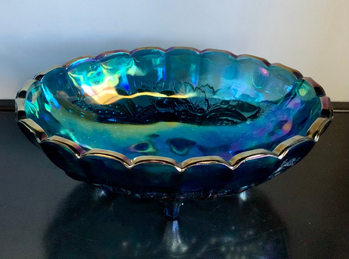 Garland Blue Carnival Glass Bowl: Indiana Glass Oval Footed Centerpiece ...